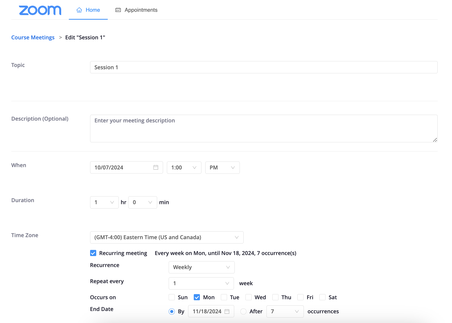 Editing Upcoming Meetings